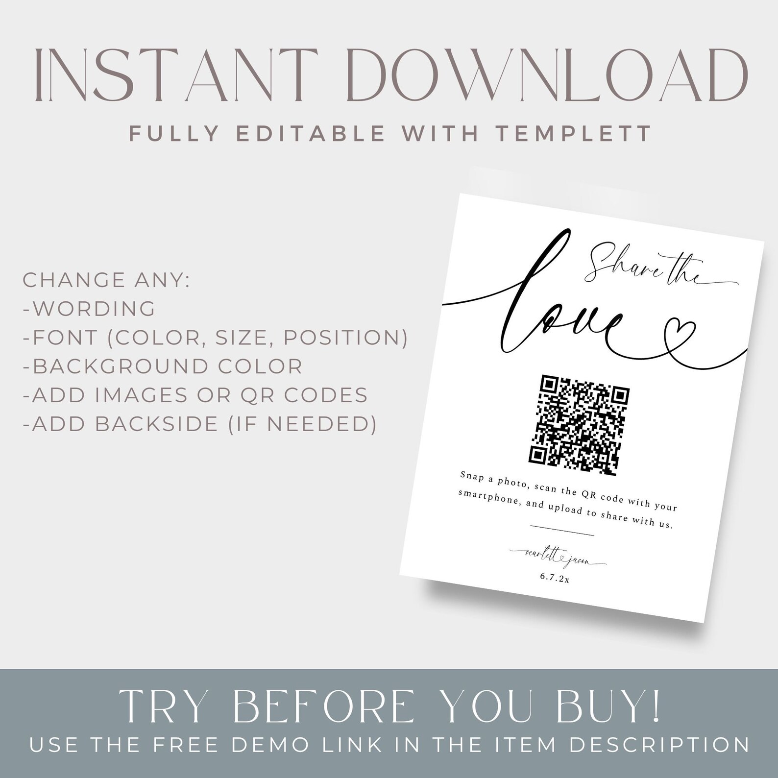 Share the Love QR Code Sign Template, QR Code Wedding Photo Album ...