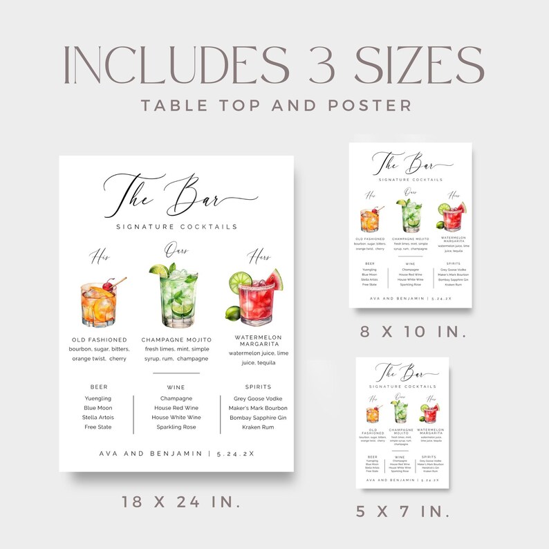 Digital Bar Menu 8x10, Cocktail Hour Bar Menu, Beer and Wine Bar Menu ...