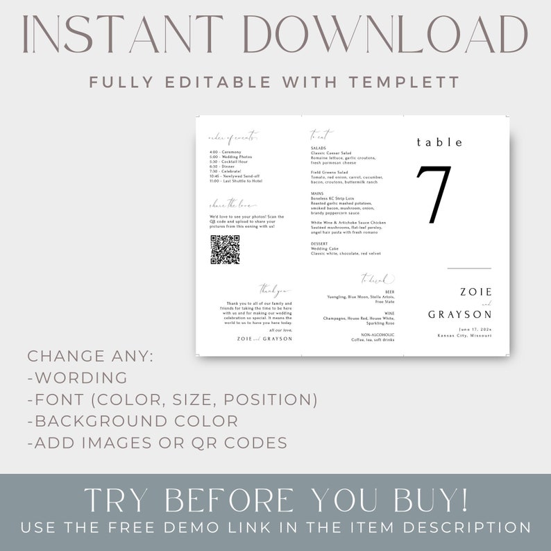 Trifold Wedding Menu, Table Numbers Sign, Share the Love QR Code ...