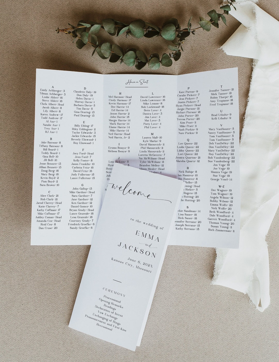 Tri Fold Wedding Program Template, Seating Chart by Alphabet, Program ...