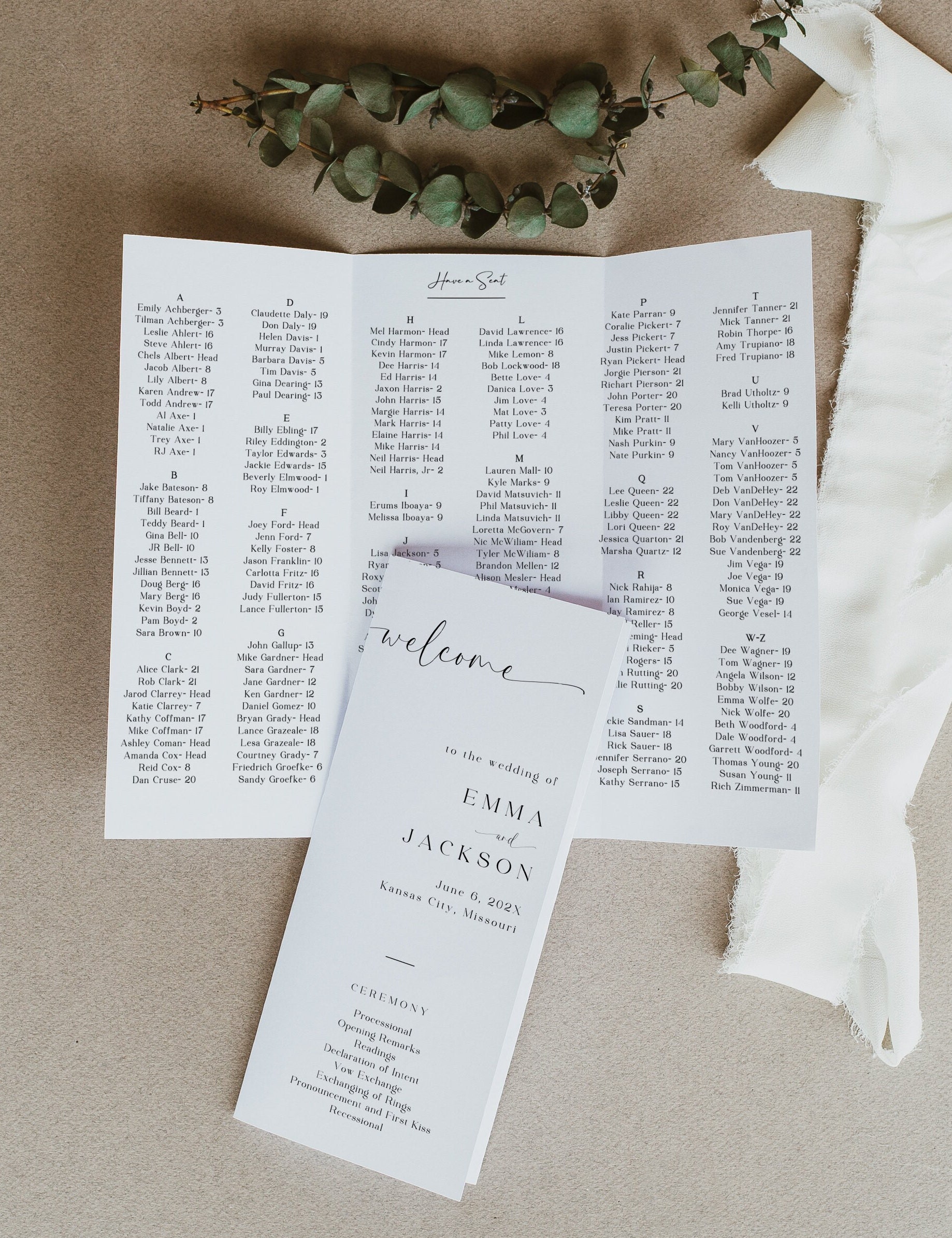 Tri Fold Wedding Program Template, Seating Chart by Alphabet, Program ...