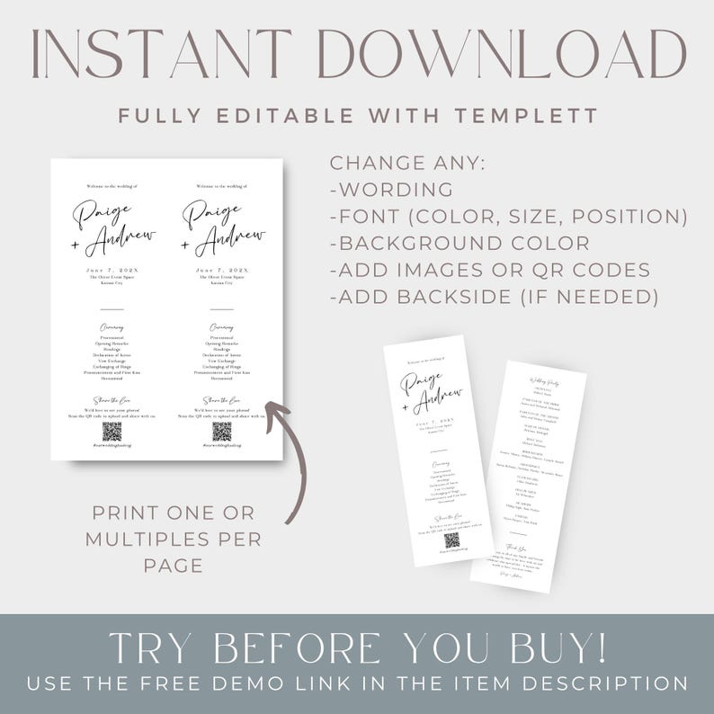 Wedding Program Template With QR Code for Photos, One Page Christian ...