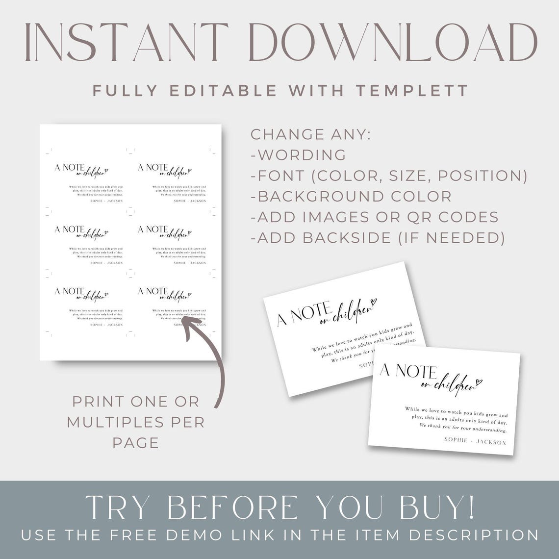 A Note on Children Insert Card Template, Custom Invitation Enclosure ...