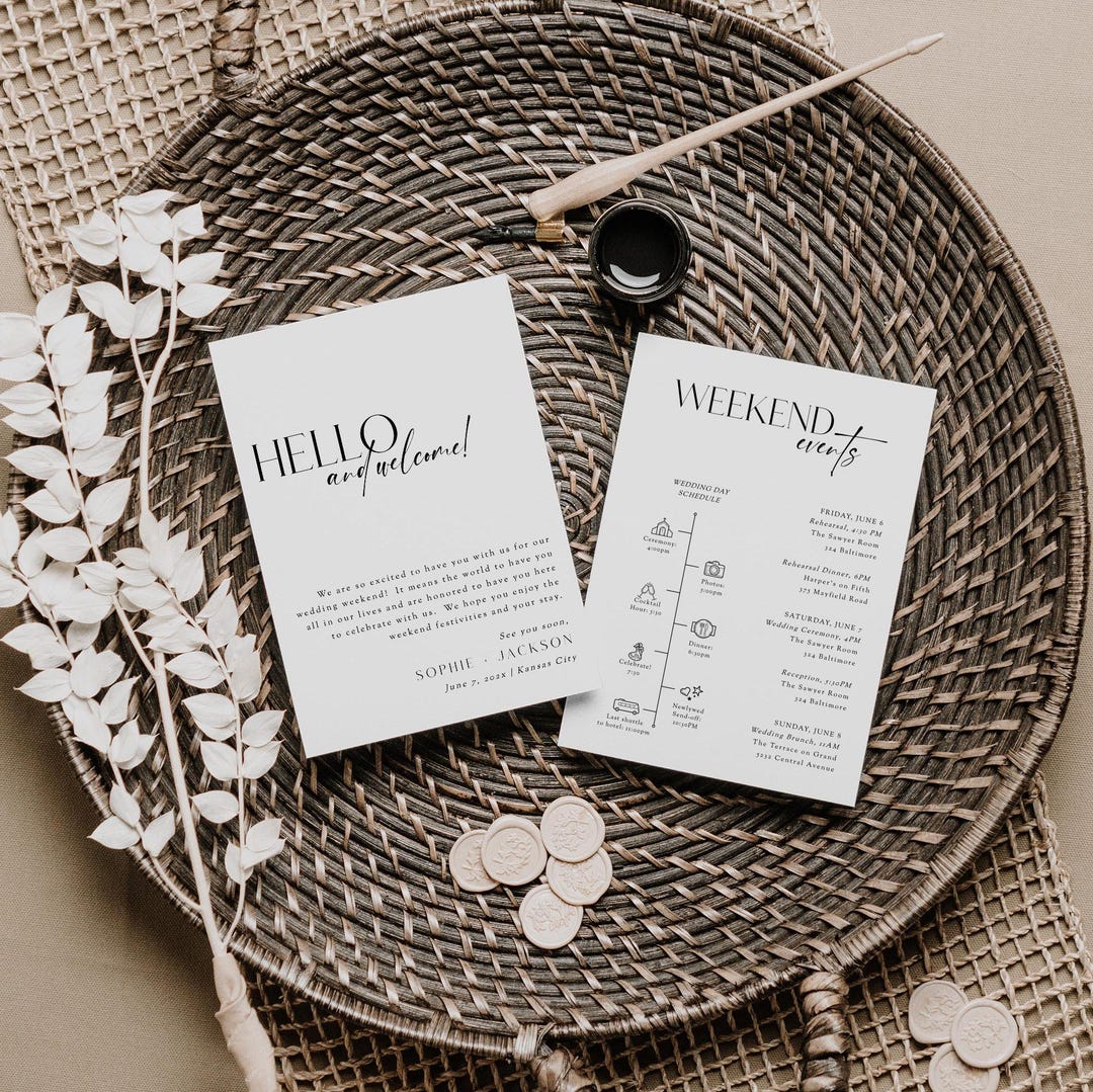 Welcome Letter and Timeline Card, Wedding Events Card Template, Weekend ...