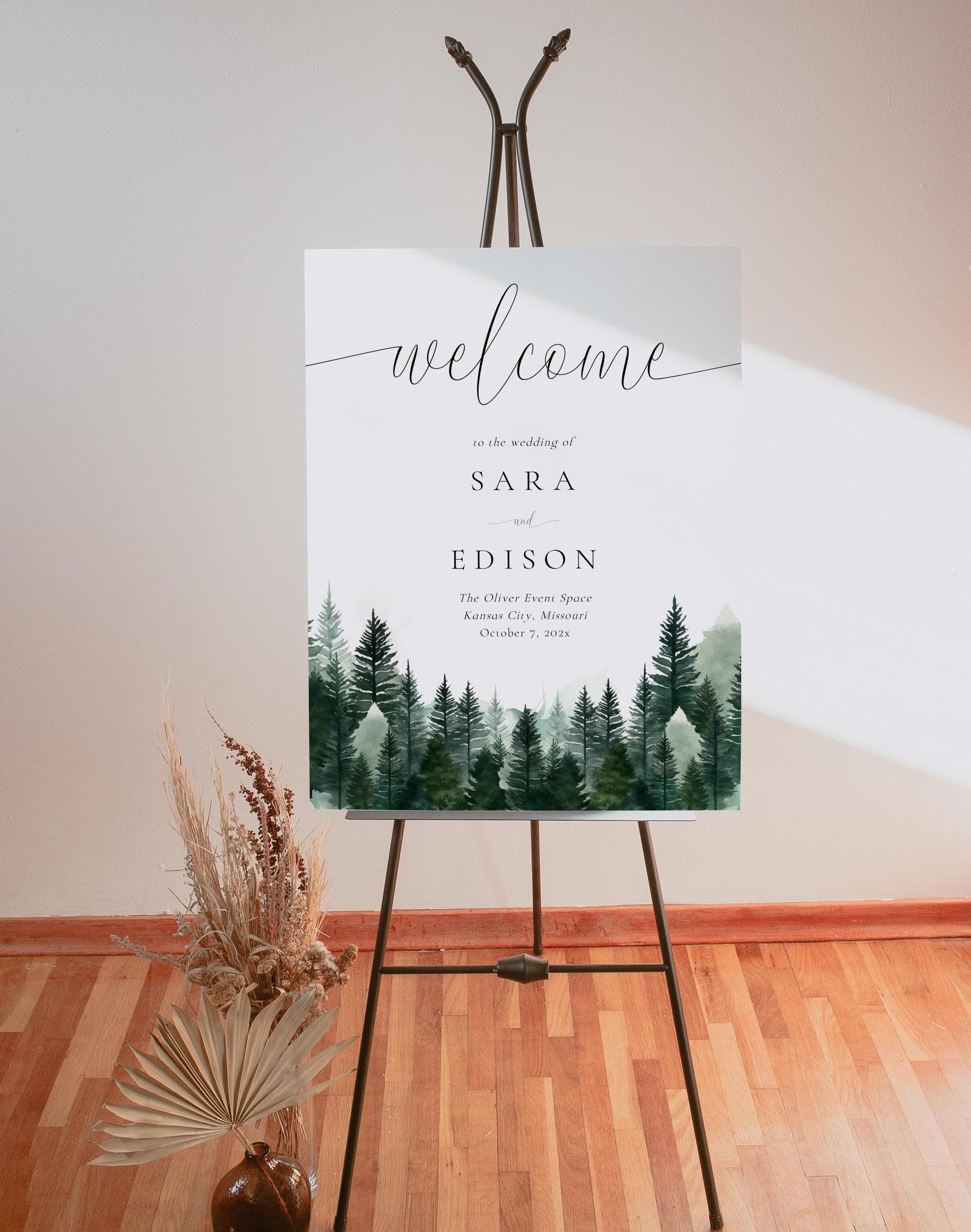 Wedding Welcome Sign With Pine Trees Template, Woodland Wedding, Spruce ...