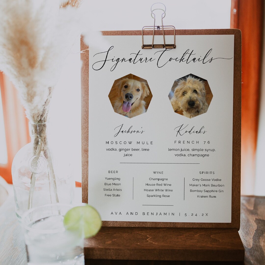 Wedding Bar Menu Dogs, Bar Menu With Dogs, Signature Drink Menu, Modern ...