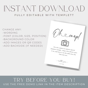Wedding Disposable Camera Sign Template, Oh Snap Sign, Wedding Camera I ...