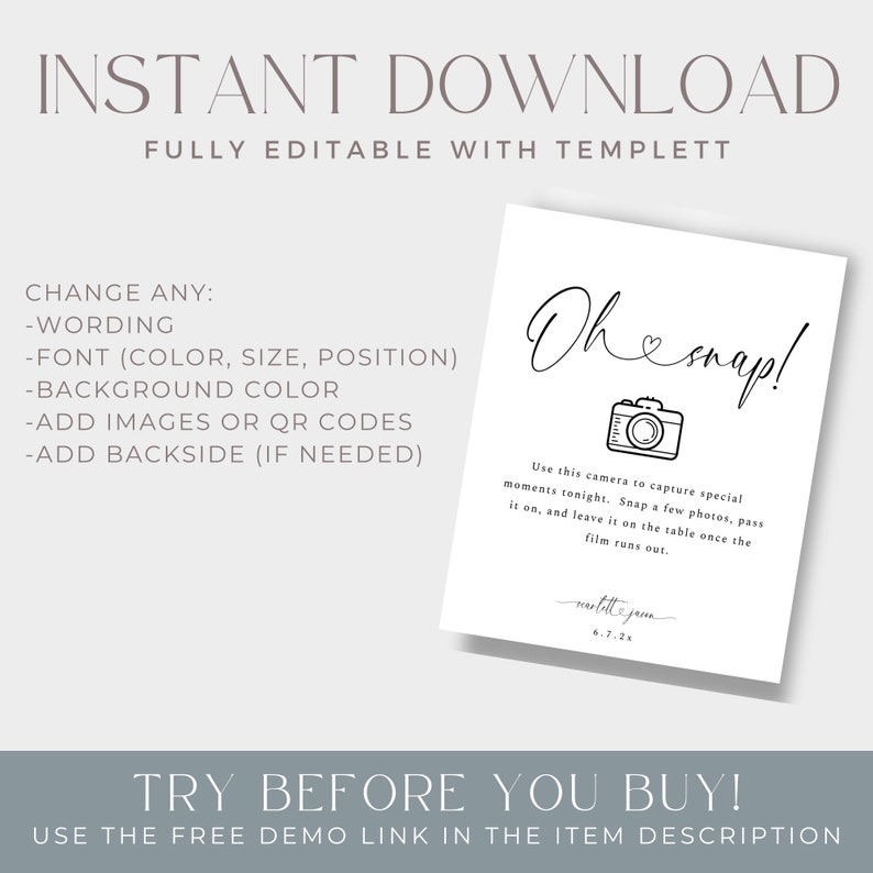 Wedding Disposable Camera Sign Template, Oh Snap Sign, Wedding Camera I ...