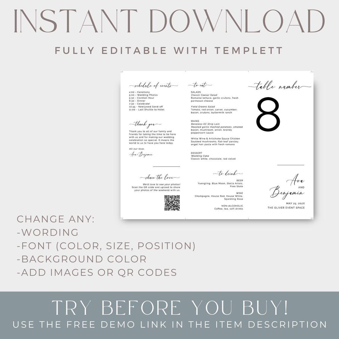 Tri Fold Table Numbers Template, Wedding Table Numbers With QR Code ...