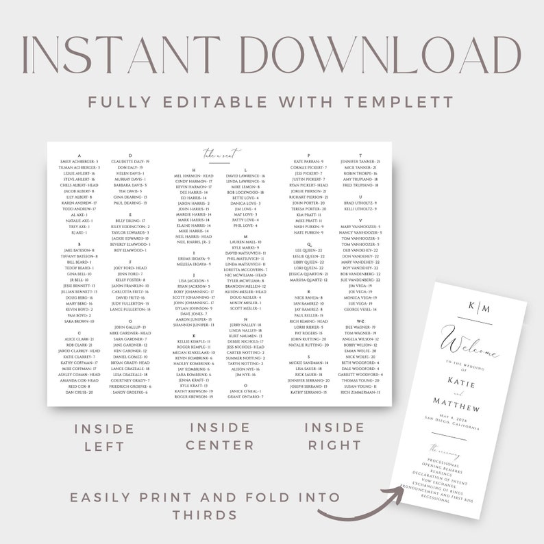 Trifold Wedding Program Seating Chart Template, Minimalist Alphabetical ...