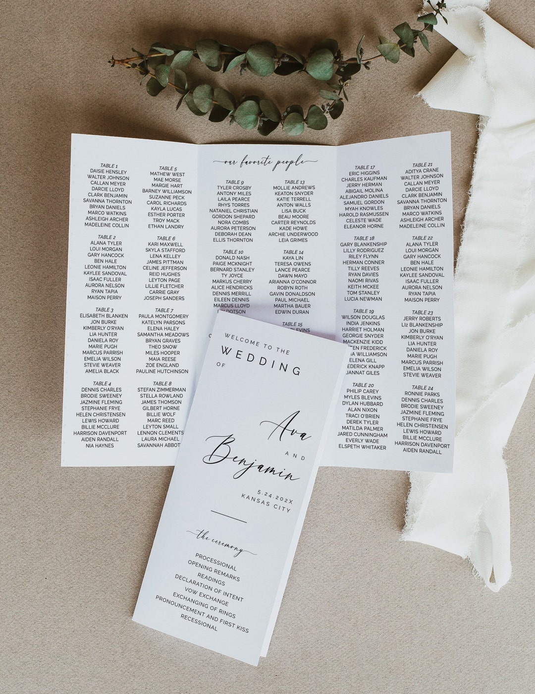 Trifold Wedding Program Template With Seating Chart, Wedding Day ...