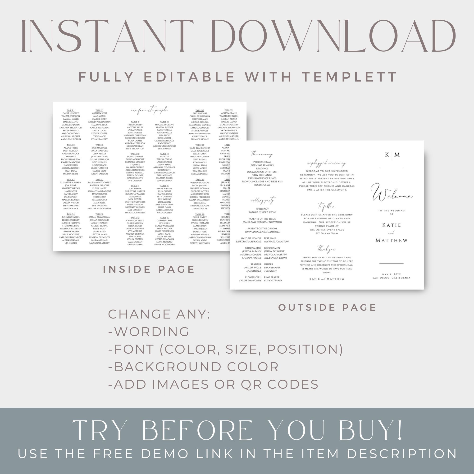 Trifold Wedding Program Seating Chart Template, Table Seating Plan ...