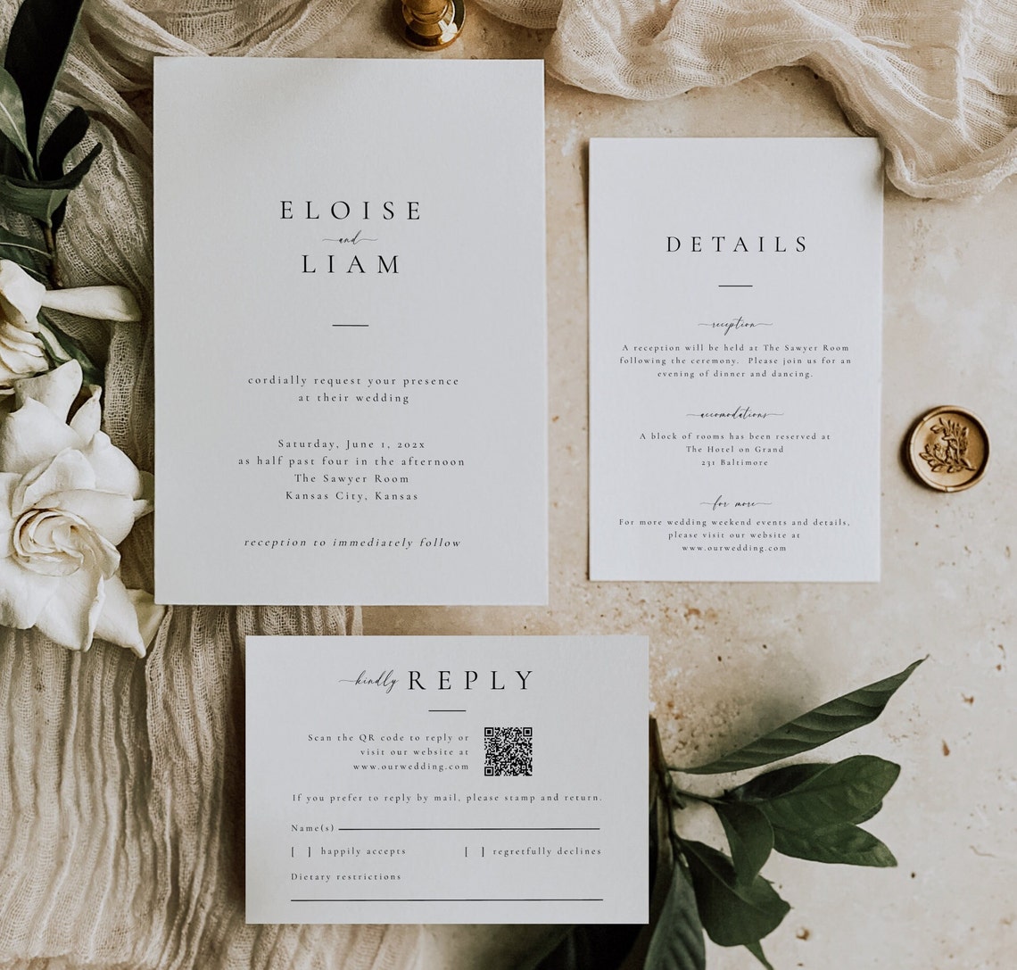 Classy Wedding Invitation Suite Template, Modern Minimalist, Simple ...