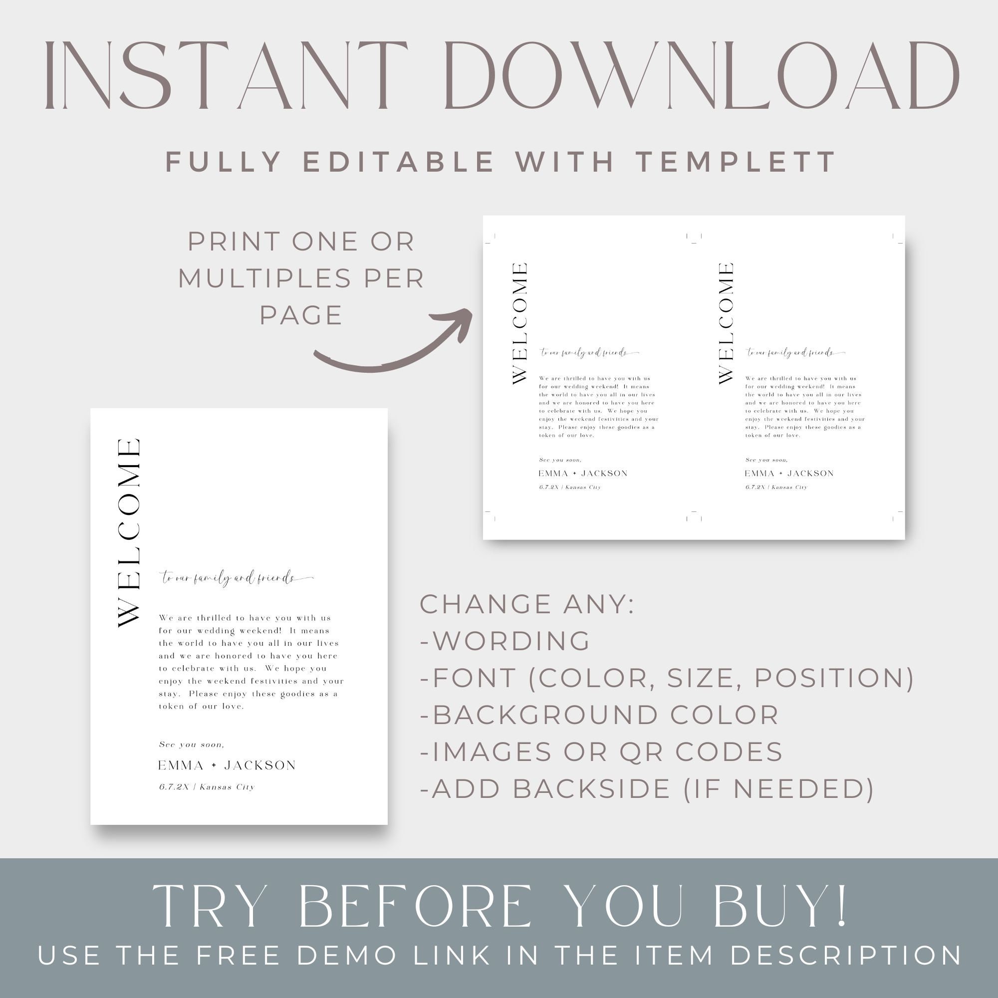 Welcome Letter and Timeline Card, Welcome Bag Tags Modern, Wedding Hotel Welcome Bag Template ...