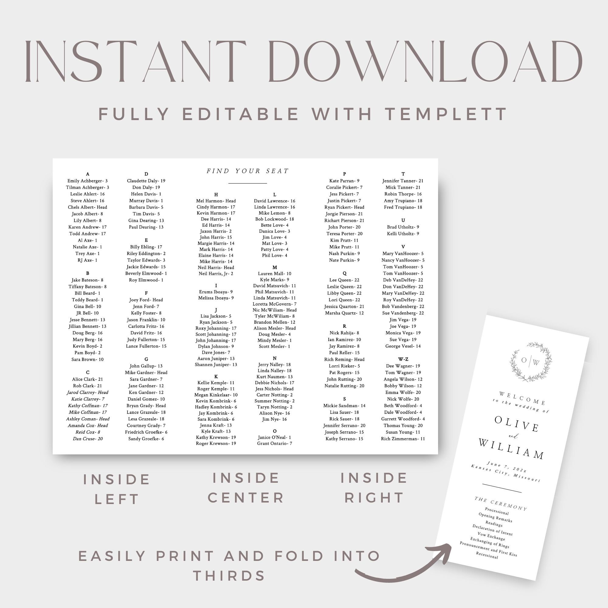 Trifold Wedding Program Seating Chart Template, Alphabetical Seating ...