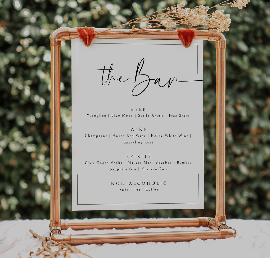 Bar Menu Sign Elegant, Modern Bar Sign Template, Minimalist Wedding ...