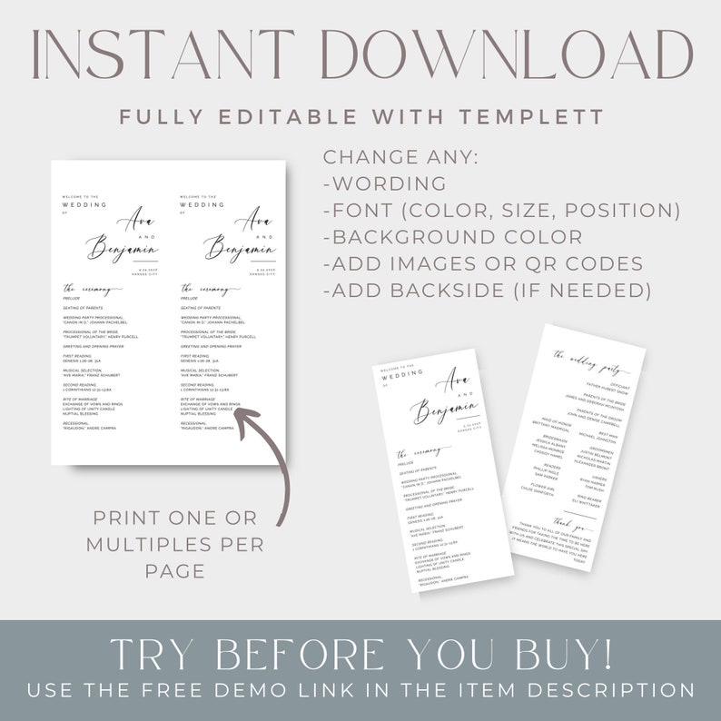 Classy Wedding Program Template, One Page Wedding Program, Traditional ...