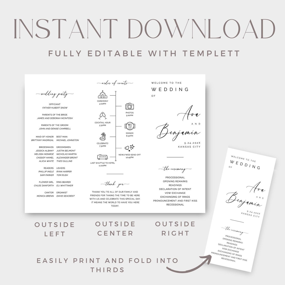 Trifold Wedding Program Template With Seating Chart, Wedding Day ...