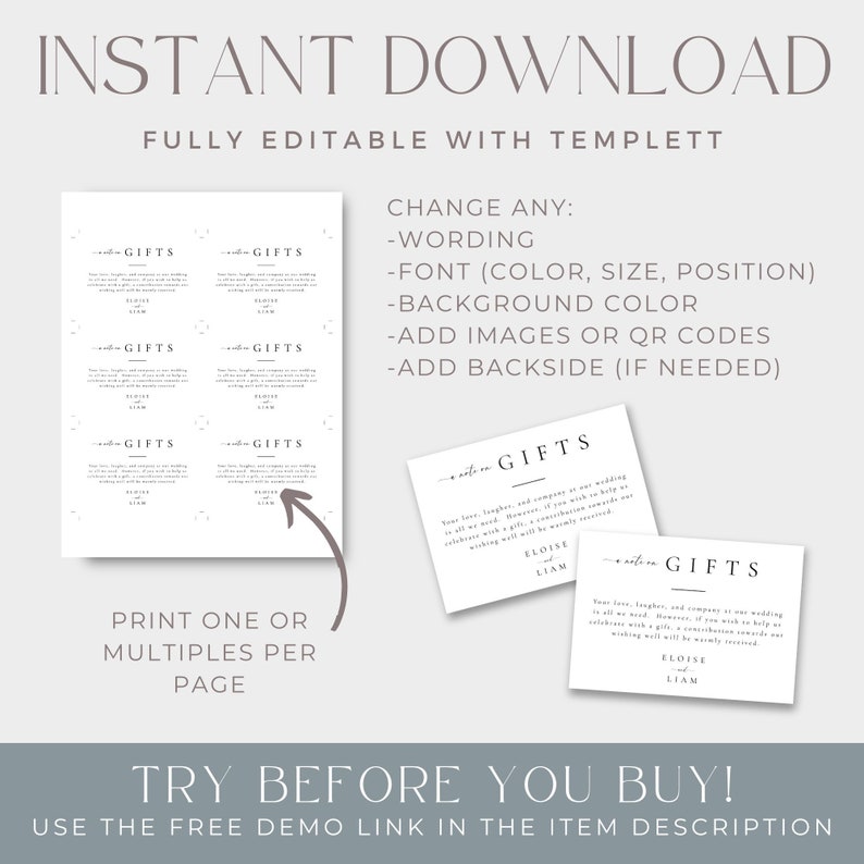 A Note on Gifts Card Template, Wedding Invitation Enclosure Card ...