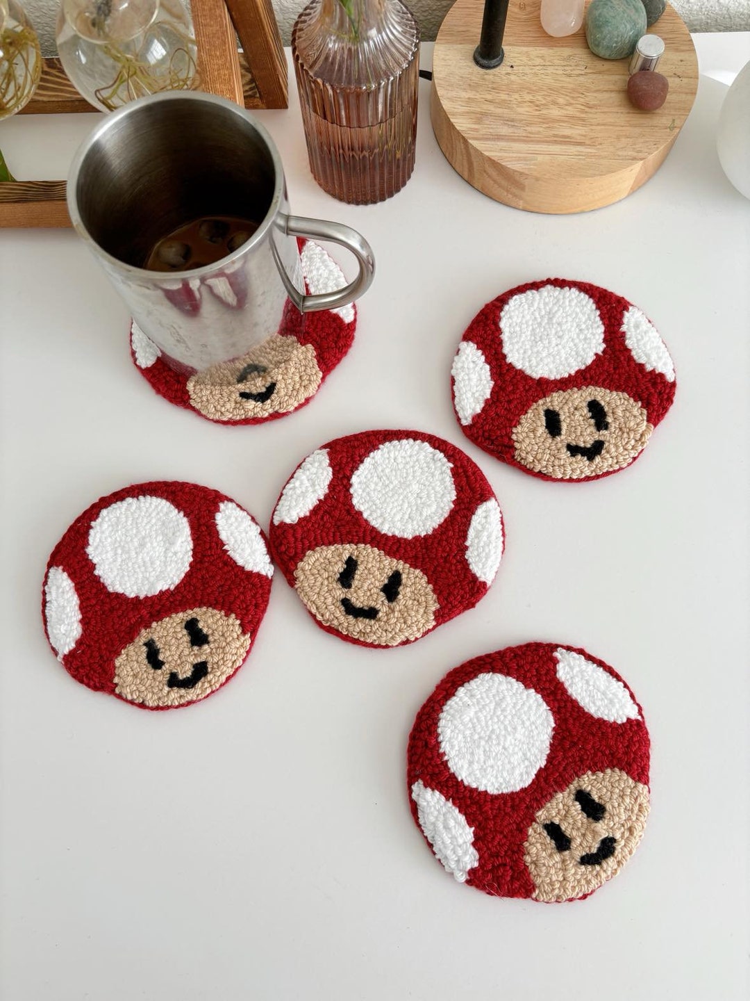 Toad Mushroom Needle Punch Coaster, Mushroom Coaster, Mug Rug, Coffee ...