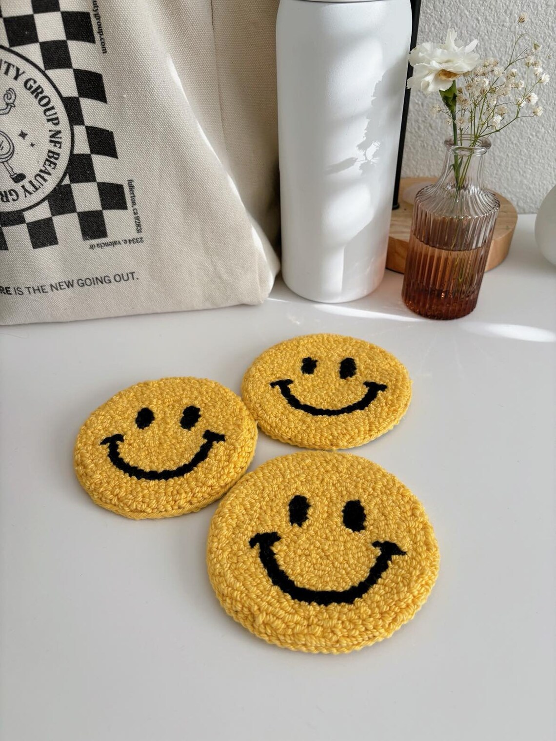 Smiley Face Needle Punch Coaster, Coffee Coaster, Office Decor, Tufted ...