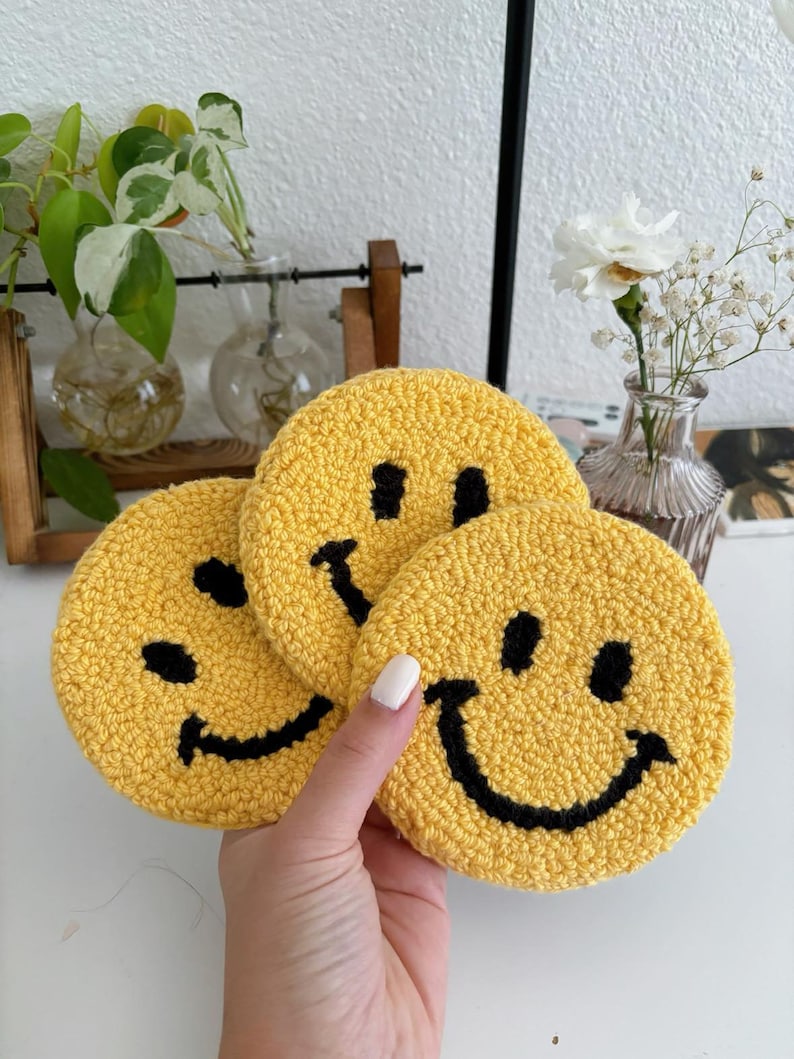 Smiley Face Needle Punch Coaster, Coffee Coaster, Office Decor, Tufted ...