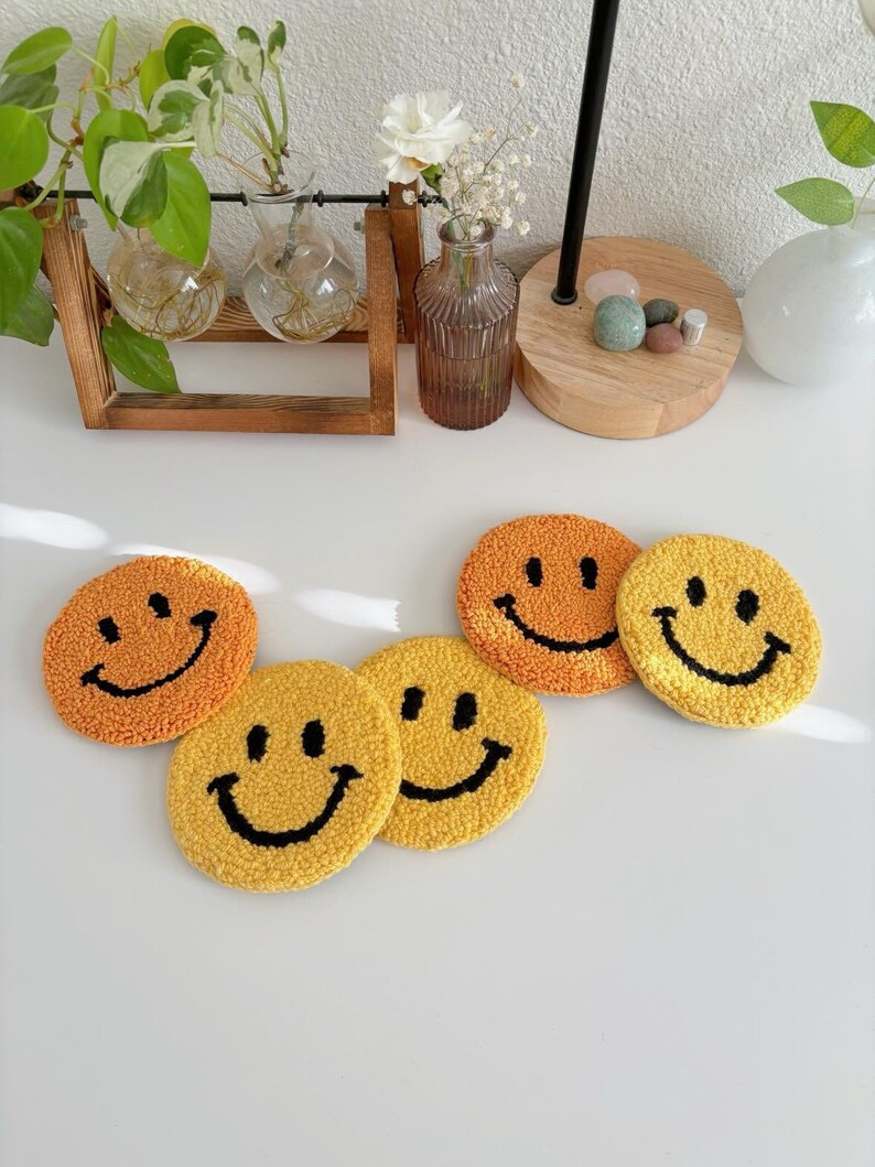 Smiley Face Needle Punch Coaster, Coffee Coaster, Office Decor, Tufted ...