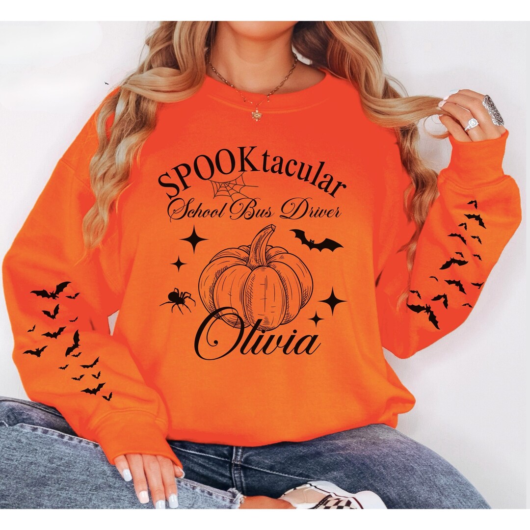 Spooktacular School Bus Driver Halloween Sweatshirt, Bats on Sleeves ...