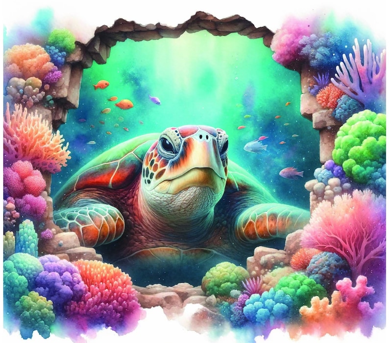 Colorful Sea Turtle Digital Print, Ocean Life Wall Art Download ...