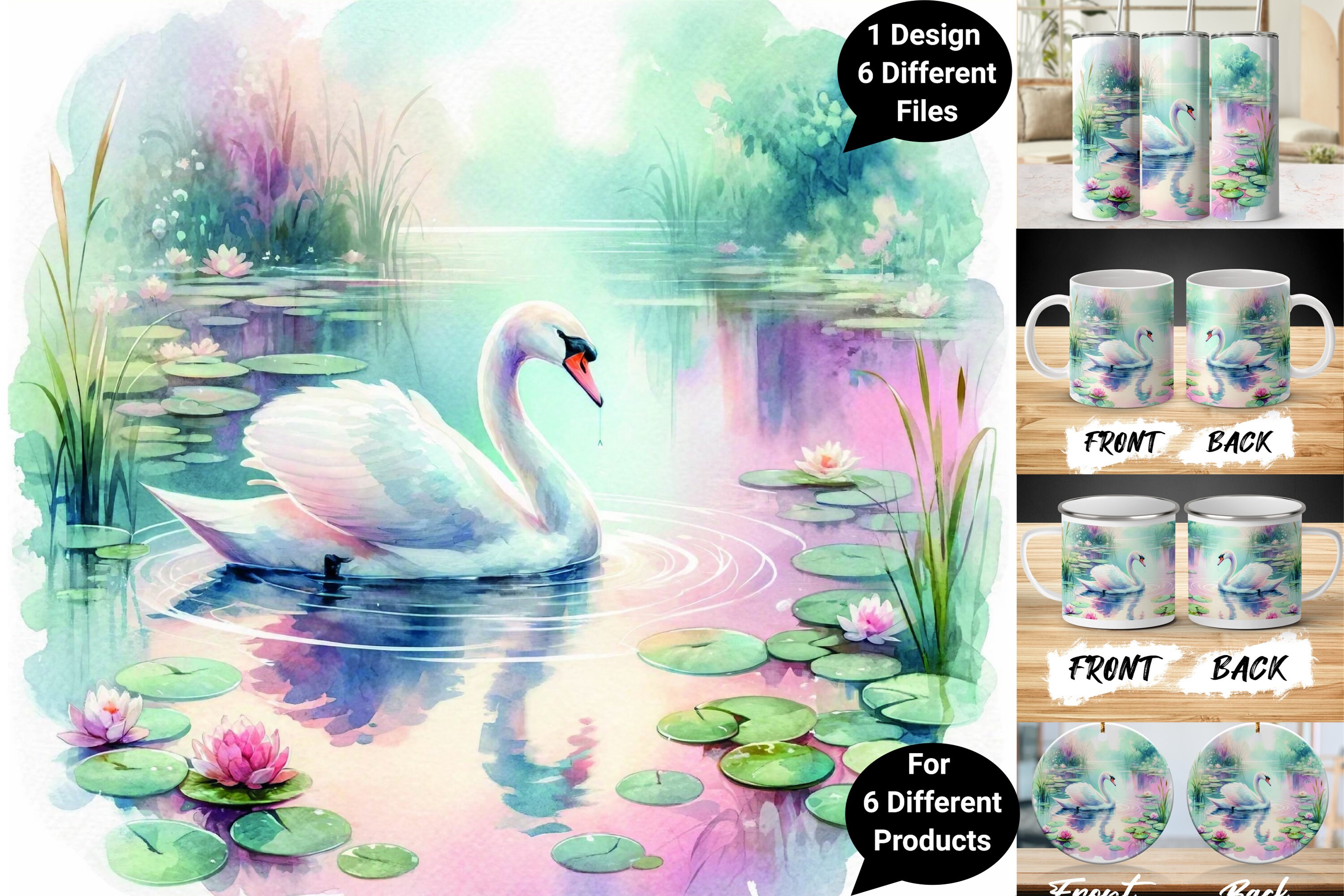 Watercolor Swan Lake Digital Print, Serene Nature Scenery, Floral Pond ...
