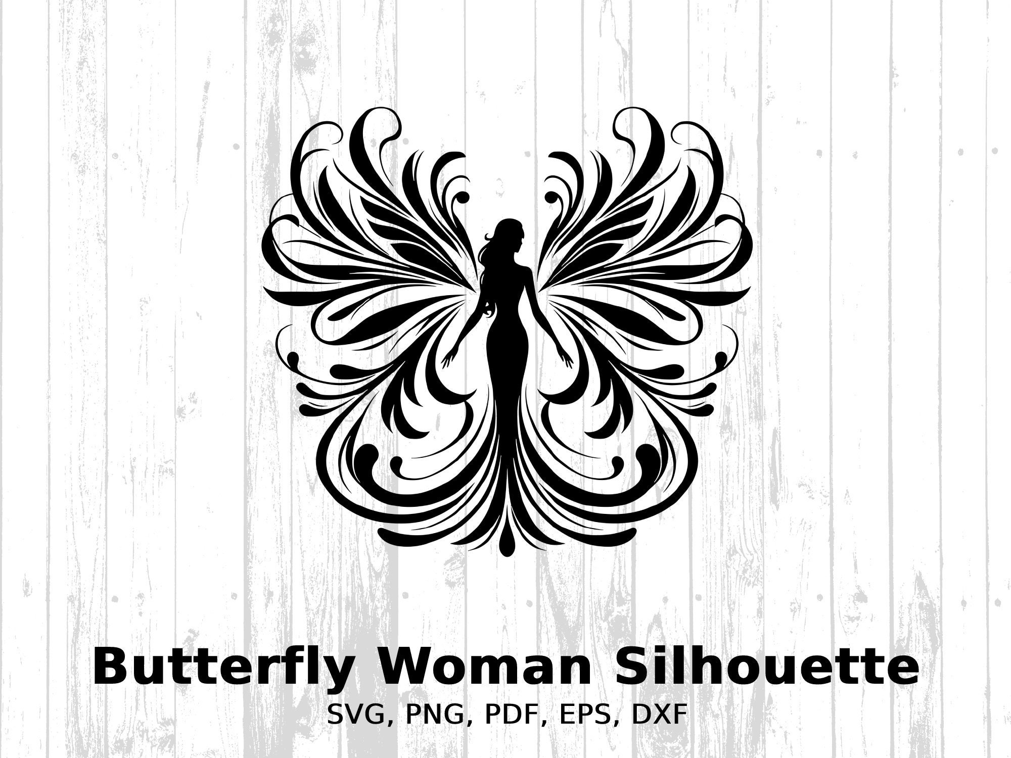 Butterfly Woman Silhouette Digital Art, Black and White Clipart, Dxf ...