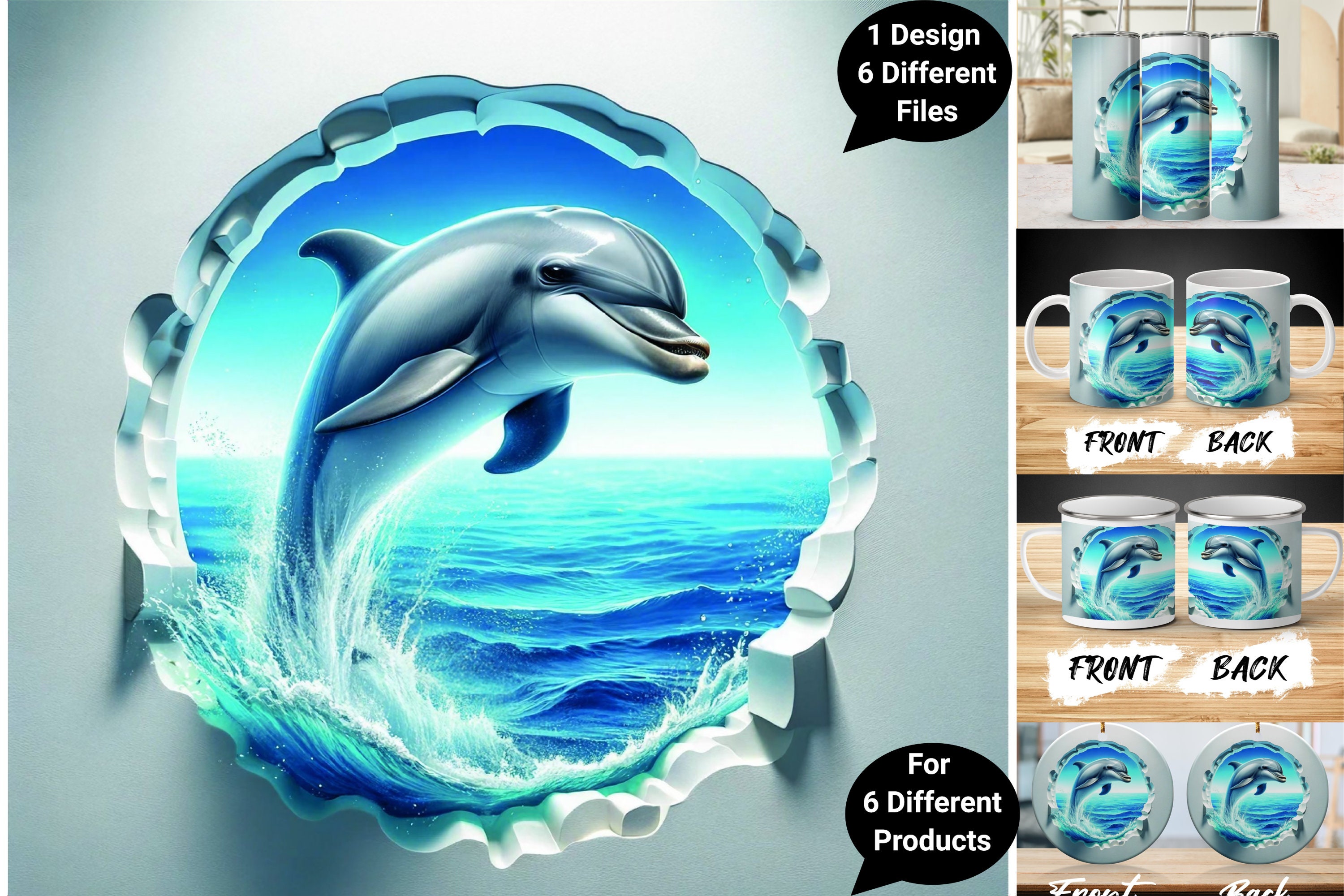 Dolphin Digital Art Printable, Ocean Scene Wall Decor, Blue Sea Life ...