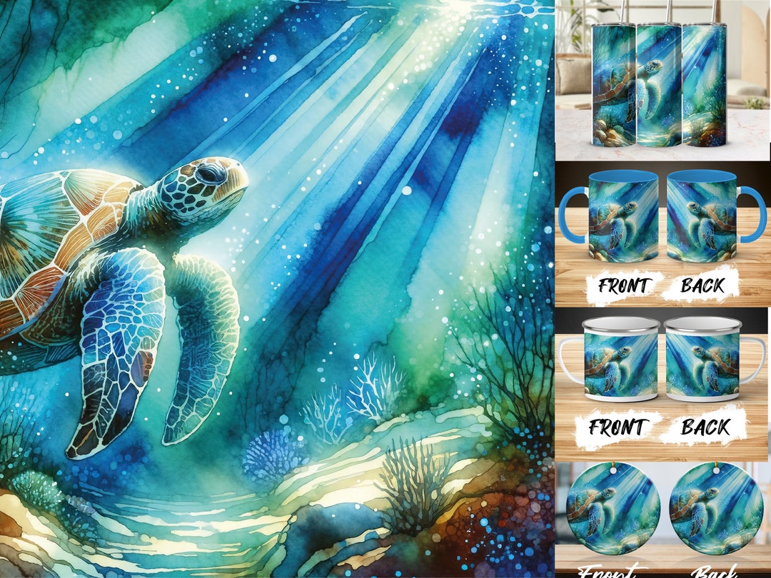 Sea Turtle Digital Art, Underwater Ocean Life Watercolor, Printable ...