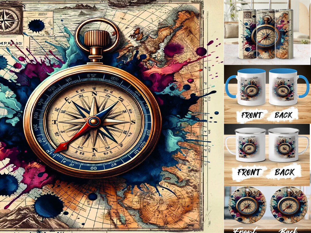 Vintage Compass Digital Art, Nautical Map With Splashes, Printable Home ...