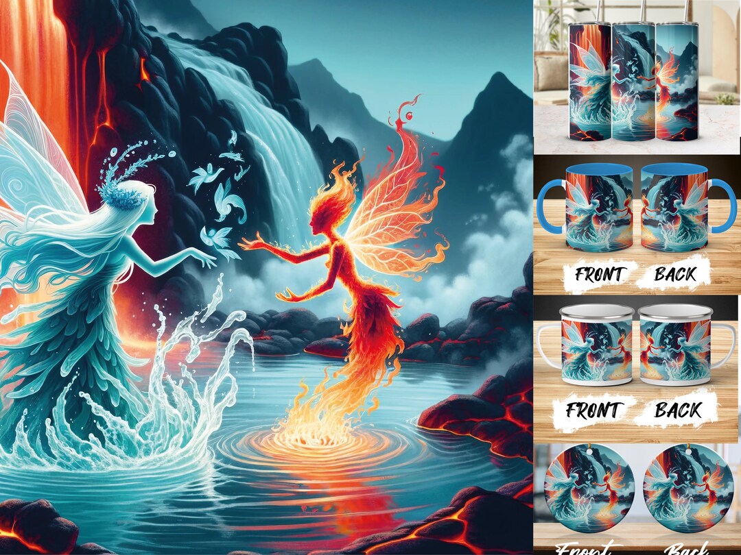 Fantasy Water Fire Elements Art, Digital Print for Tumblers and Mugs ...