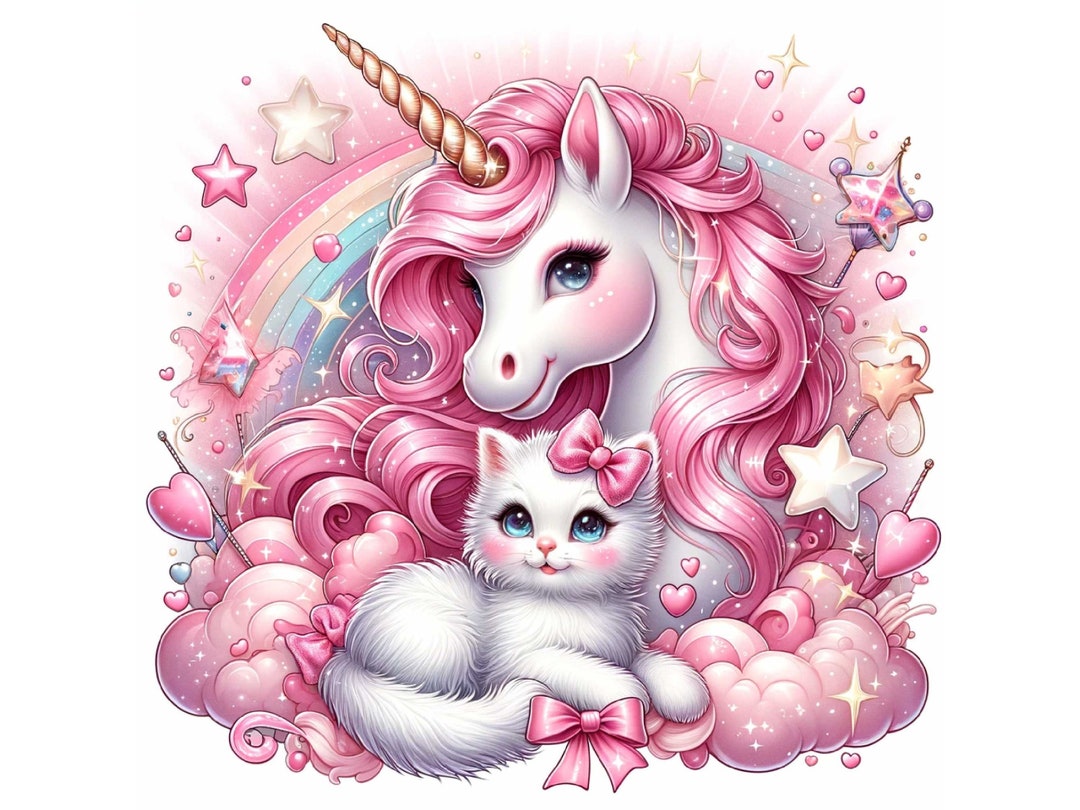 Unicorn and Kitten Digital Clipart, Cute Fantasy Animals PNG, Instant ...
