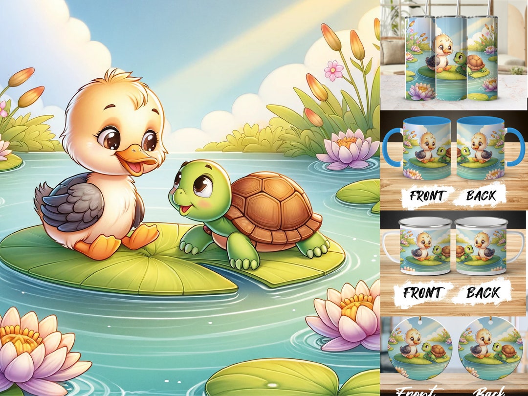 Cute Duckling and Turtle Friends Digital Art, Pond Life Cartoon ...