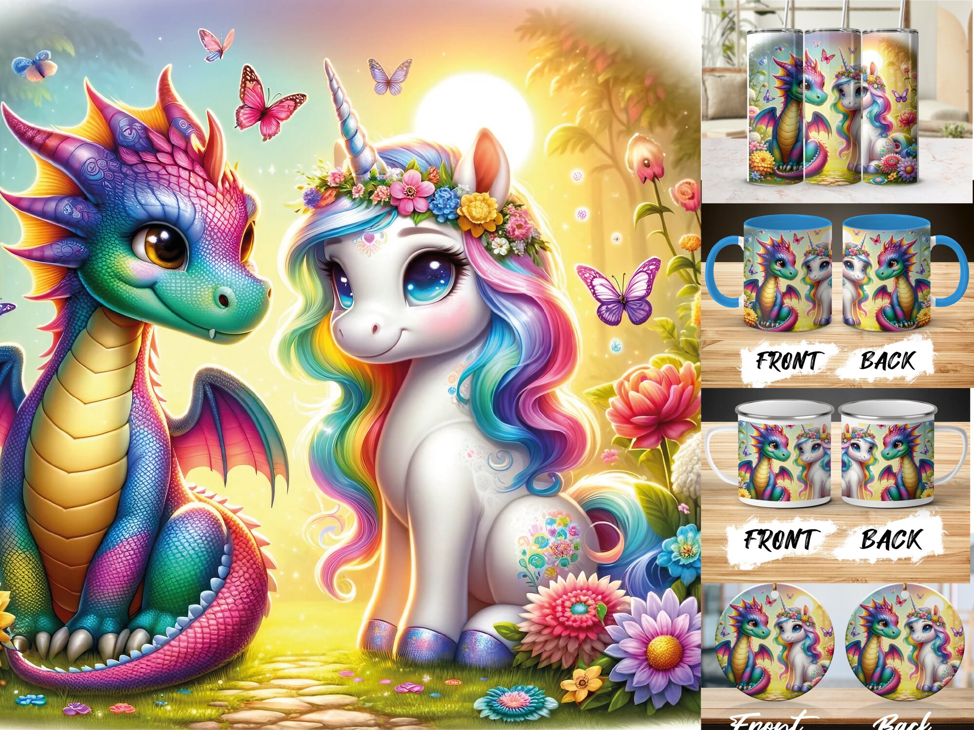 Whimsical Dragon and Unicorn Friends Digital Art, Printable Fantasy ...