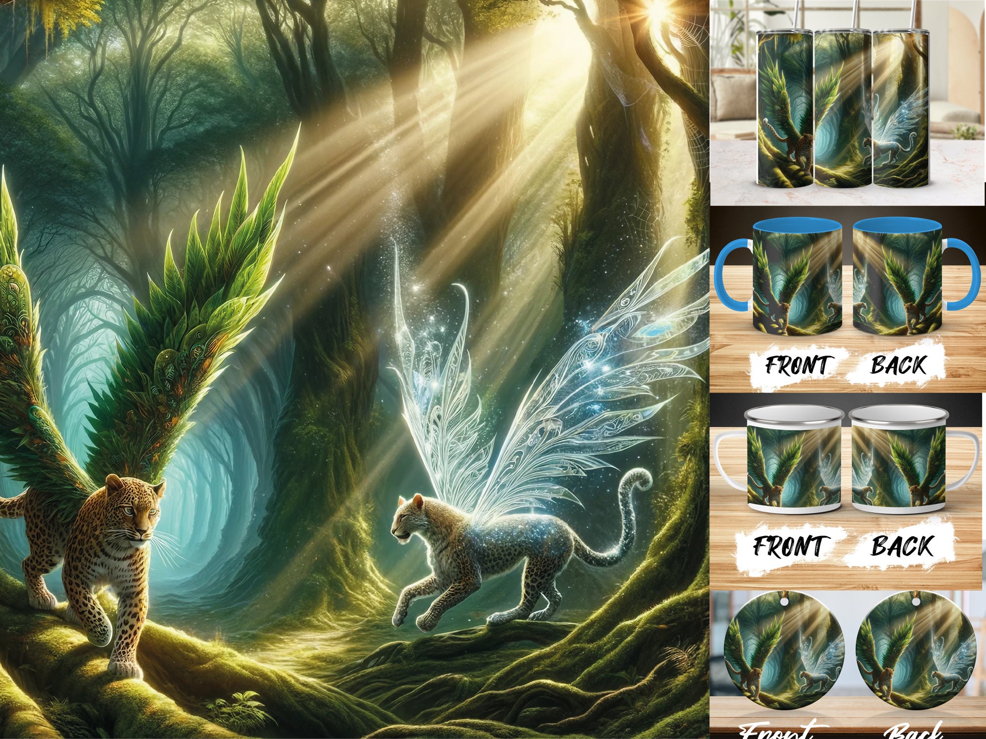 Enchanted Forest Light Rays Magical Leopards Fantasy Art Digital Print ...