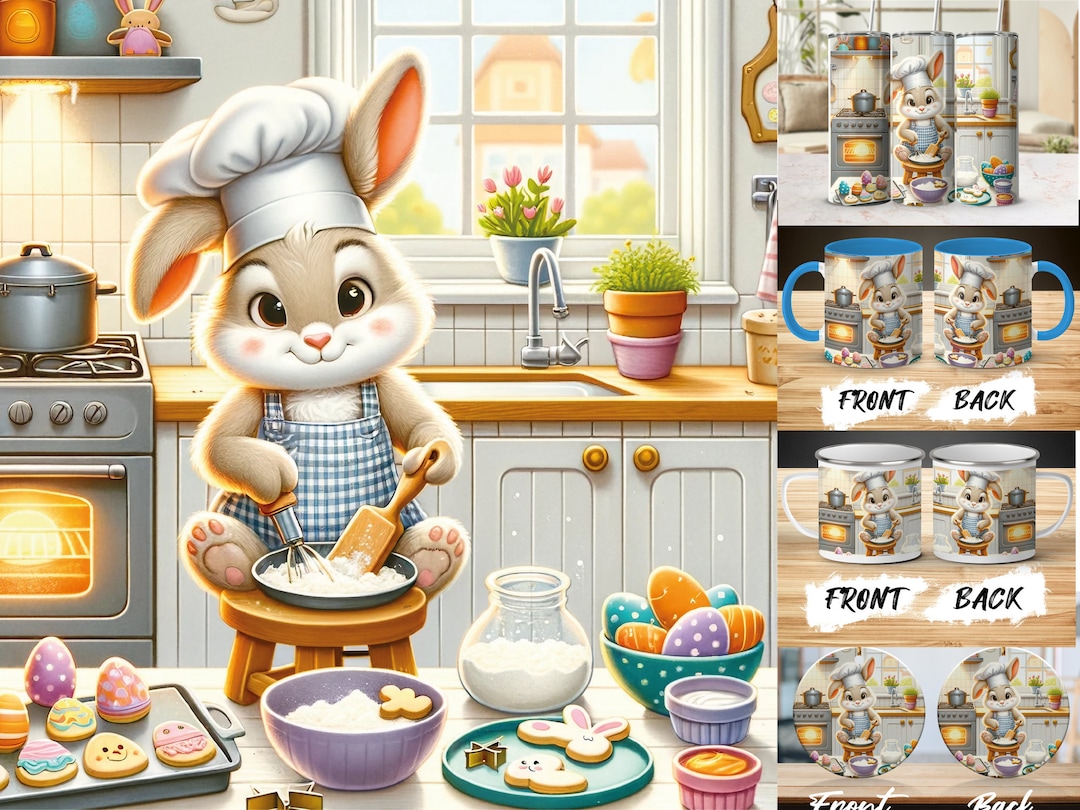 Cute Bunny Chef Digital Art Kitchen Wall Decor, Bunny Baking ...