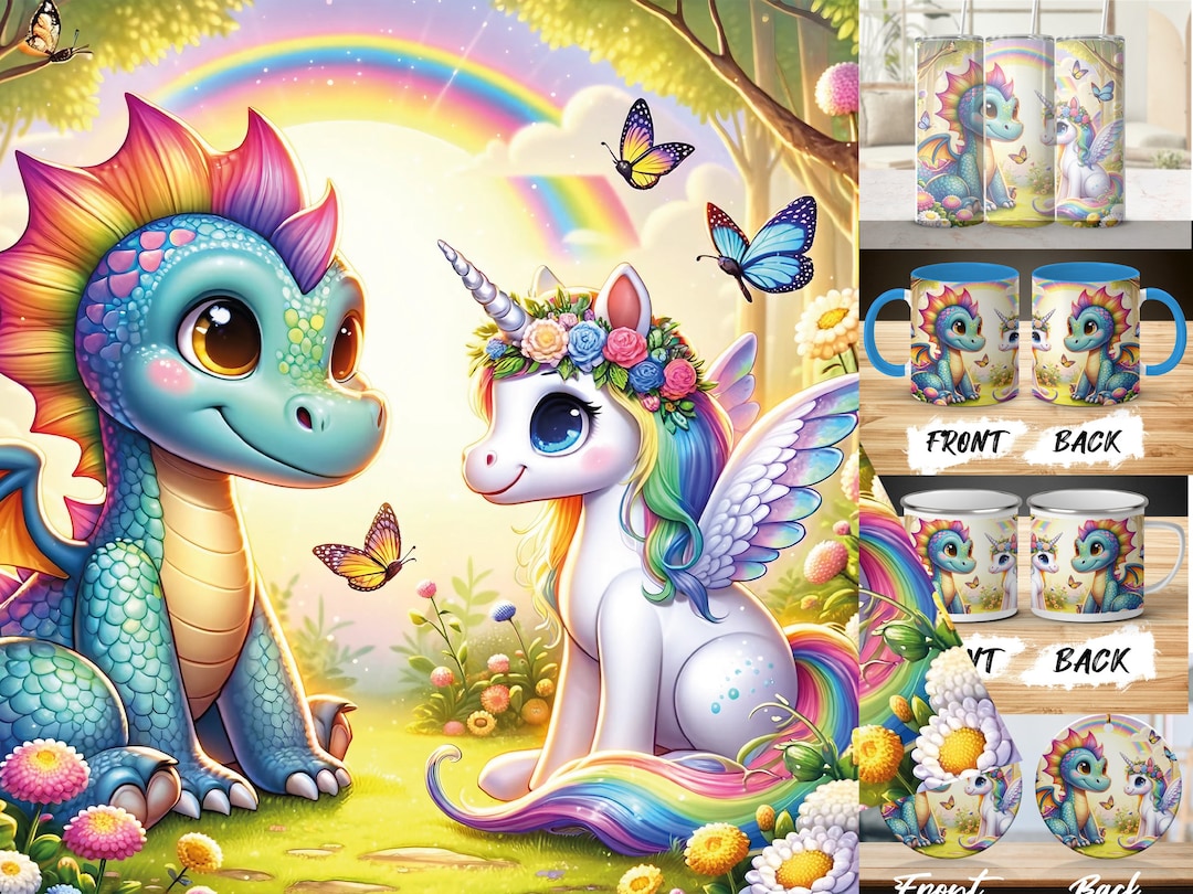 Cute Dragon and Unicorn Digital Art, Fantasy Creature Printable ...