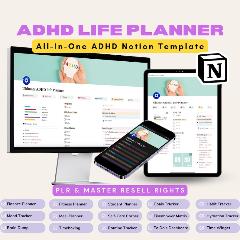 ADHD Life Planner Notion Template: Student & Productivity Dashboard PLR ...
