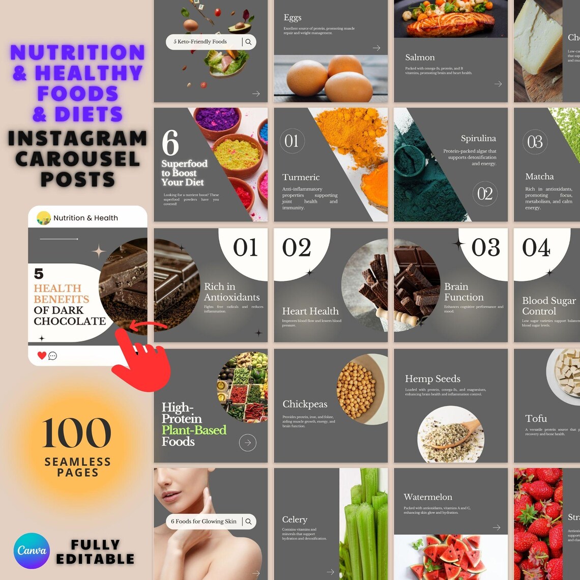 Nutrition Instagram Carousel Posts: Wellness Canva Templates - Etsy
