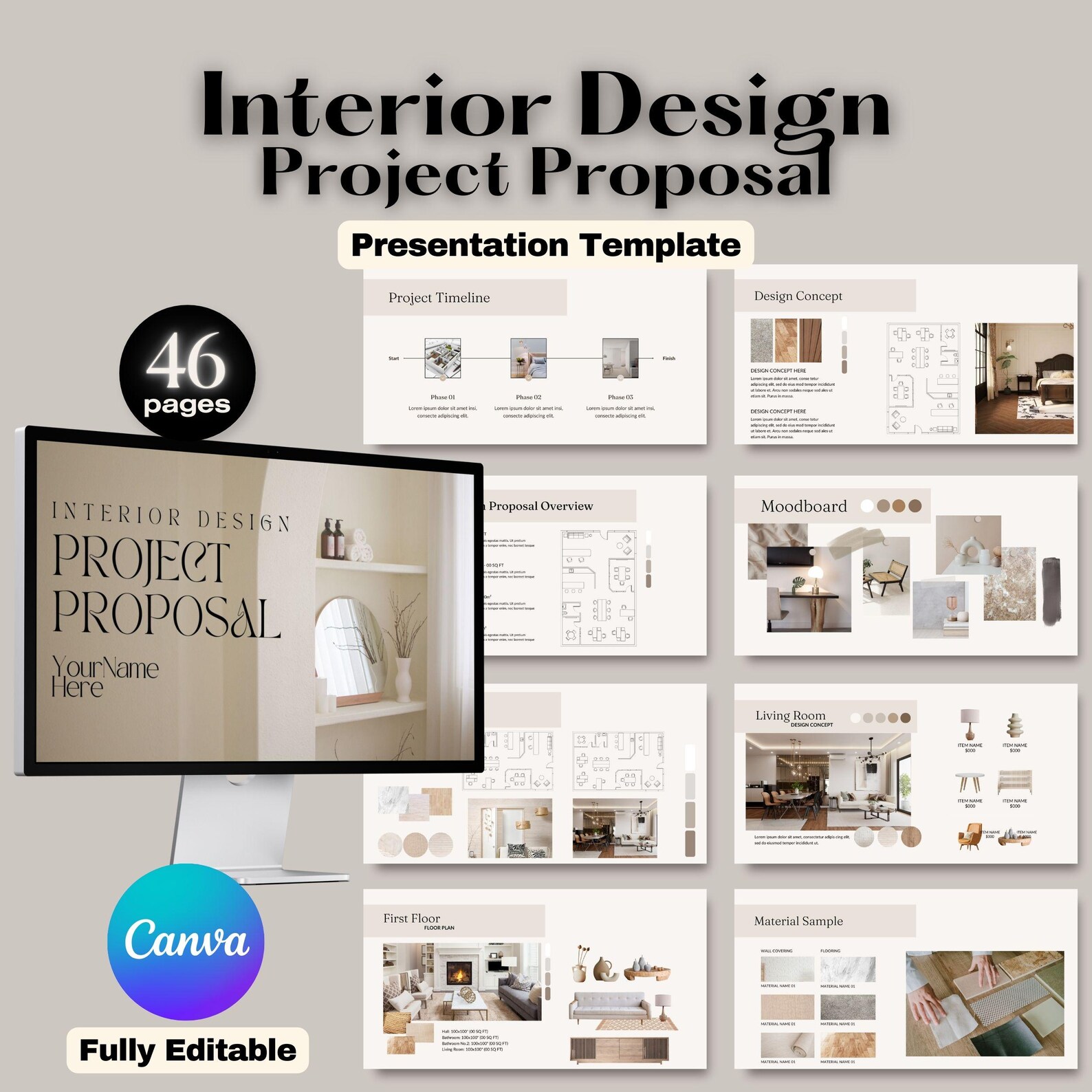 Interior Design Proposal Presentation Project : 46-page PLR & MRR Canva ...