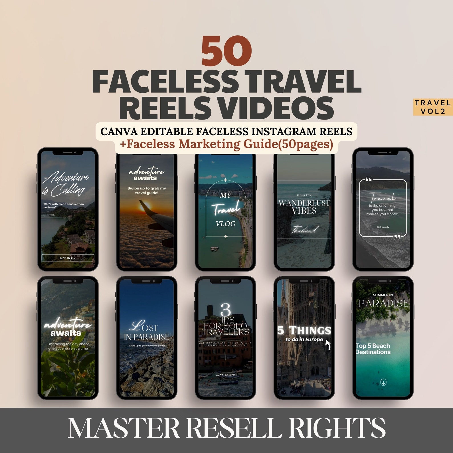 50 Travel Reels, Faceless Marketing Instagram Templates, Edtiable Canva ...