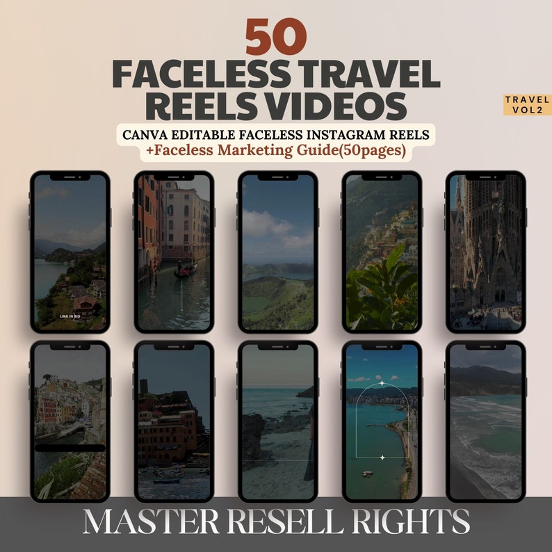 50 Travel Reels, Faceless Marketing Instagram Templates, Edtiable Canva ...
