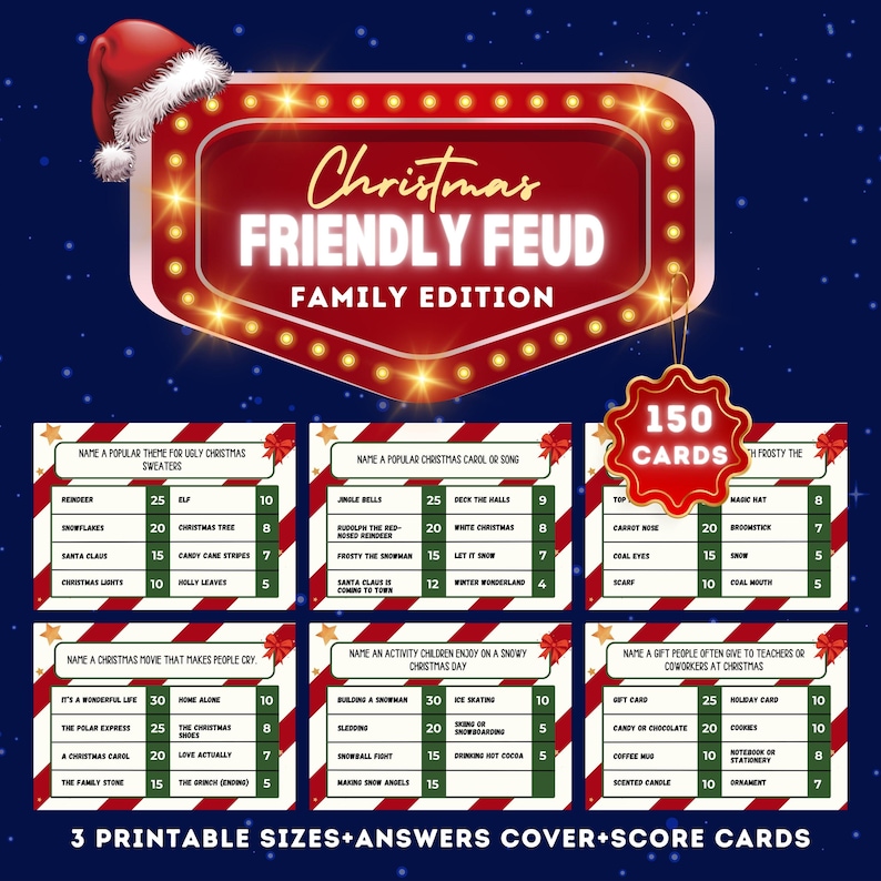 Friendly Feud Christmas Family Game, Printable Party Games, 150 Cards ...