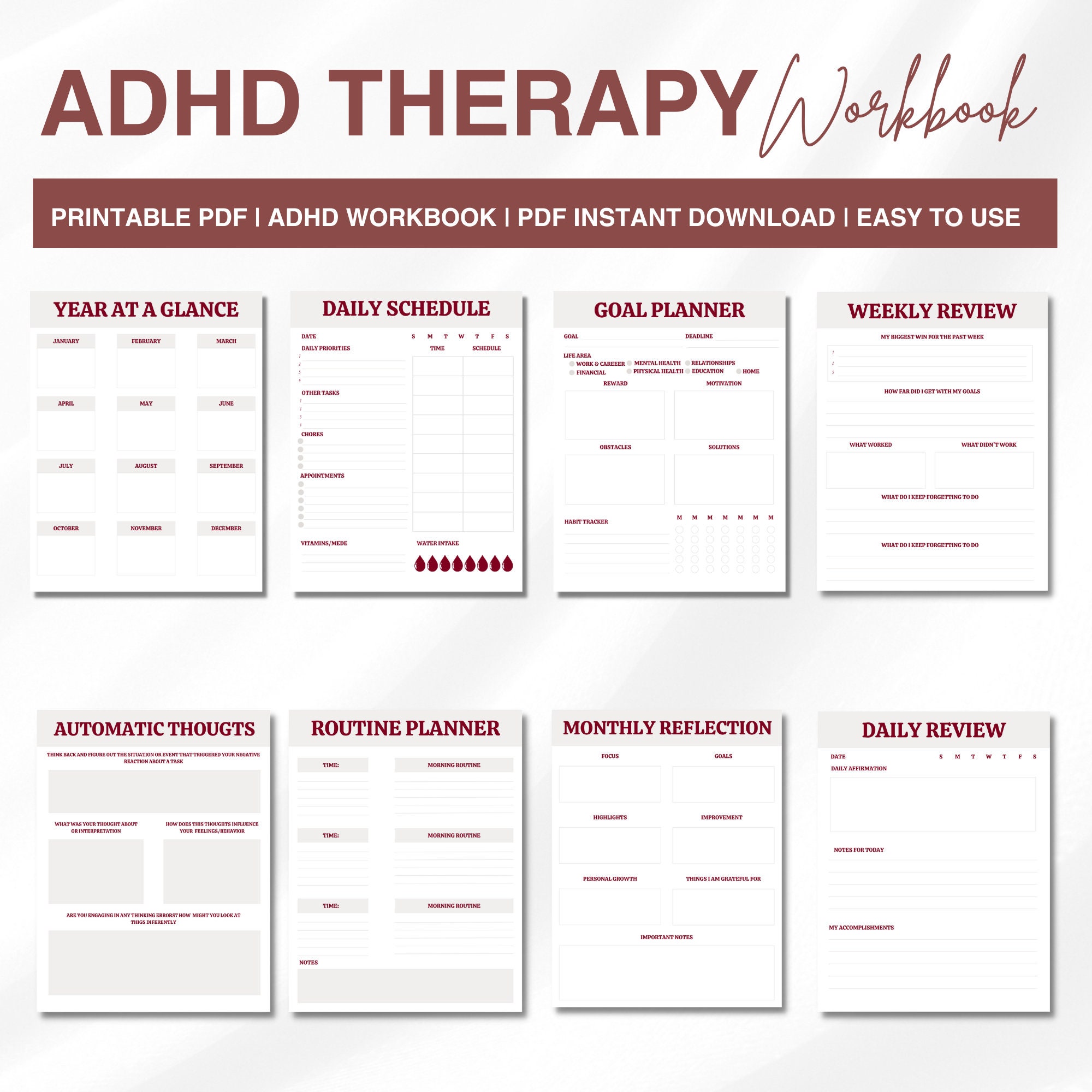 ADHD PRINTABLE Workbook, Executive Function Planner, Adult ADHD Therapy ...