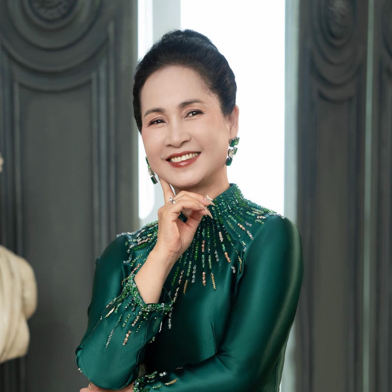 Ao Dai Lụa Ruby Xanh Rêu đính Cườm & ép đá Pha Lê / Green Silk Ao Dai ...