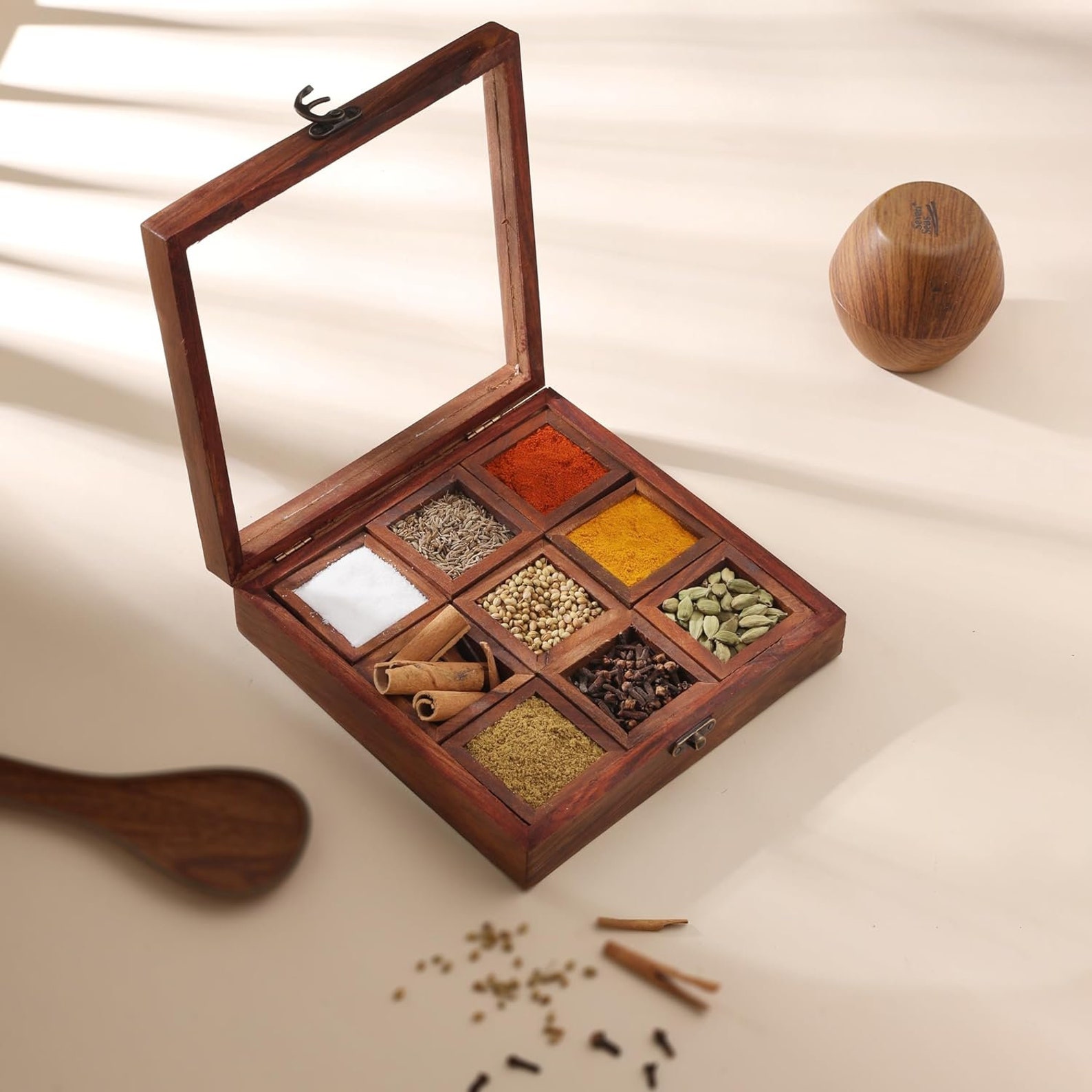 Handmade Wooden 9 Compartment Table Top Masala Dabba Containers Jars ...